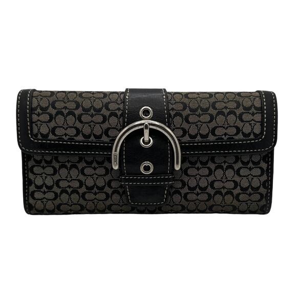 Coach | Bags | Coach Black And Gray Signature Canvas Buckle Wallet ...